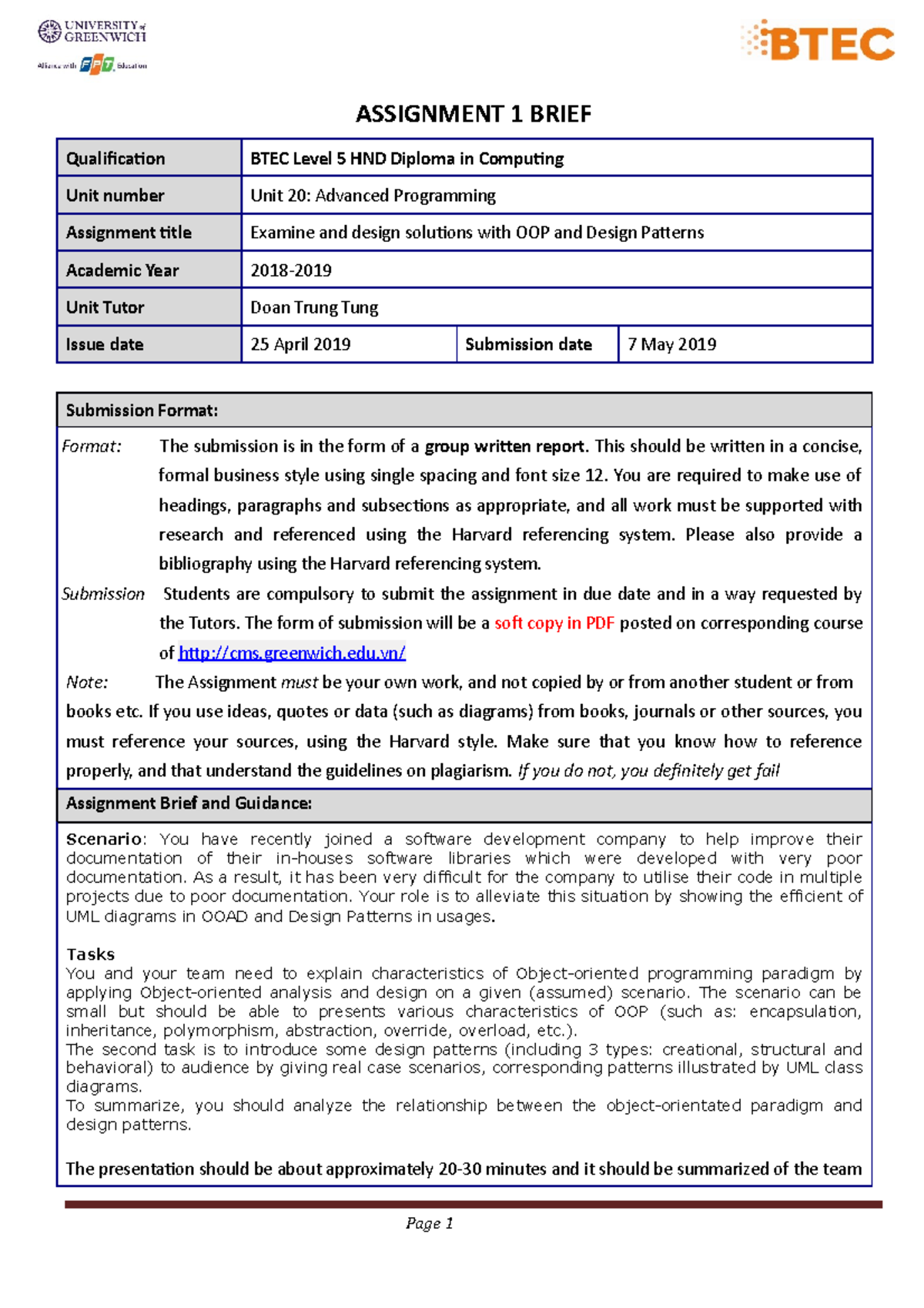 Unit 20 Assignment Brief 1 Assignment 1 Brief Qualification Btec Level 5 Hnd Diploma In