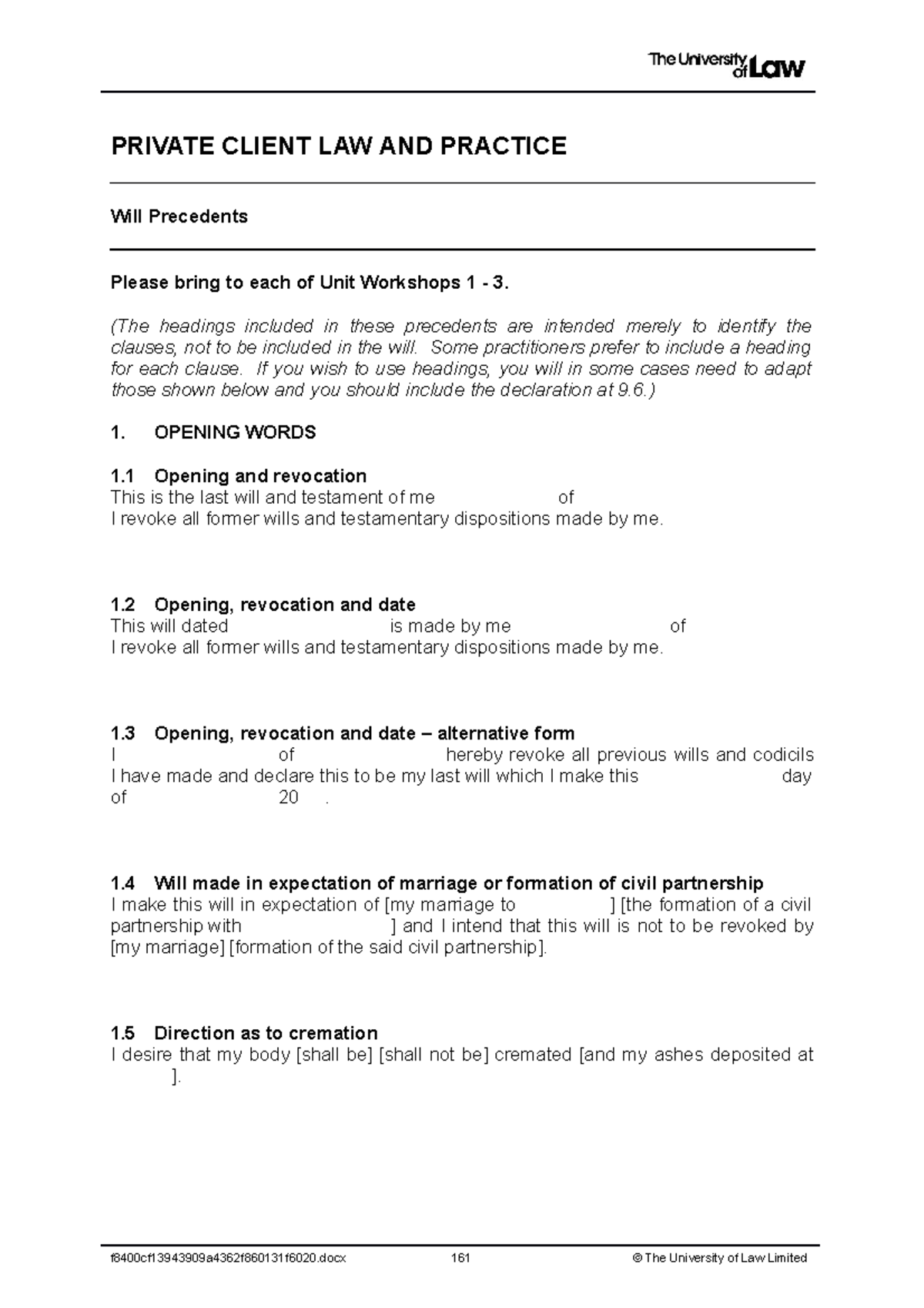 Will Precedents - This is a Will precedent from Workshop 1. - PRIVATE ...