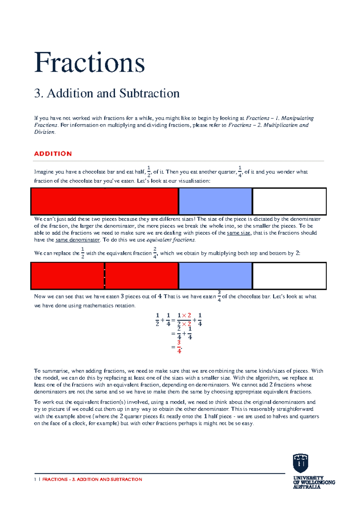 Uow227937 - Advanced math - Fractions 3. Addition and Subtraction If ...