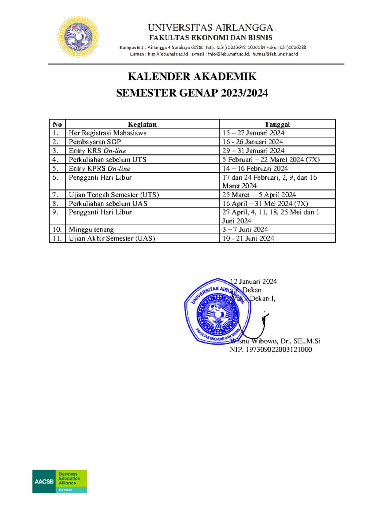 Kalender Akademik Genap 2023-2024 - UNIVERSITAS AIRLANGGA FAKULTAS EKONOMI DAN BISNIS Kampus B ...