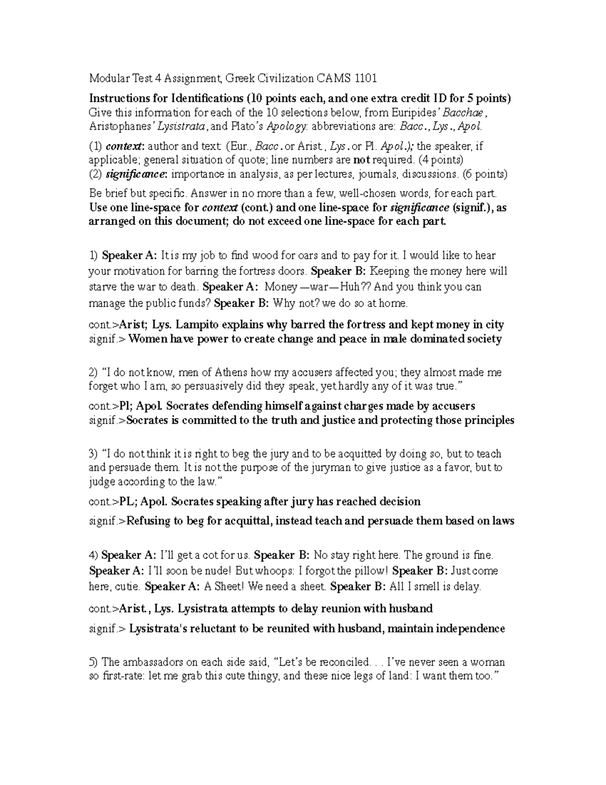 Module 4Test - Modular Test 4 Assignment, Greek Civilization CAMS 1101 ...