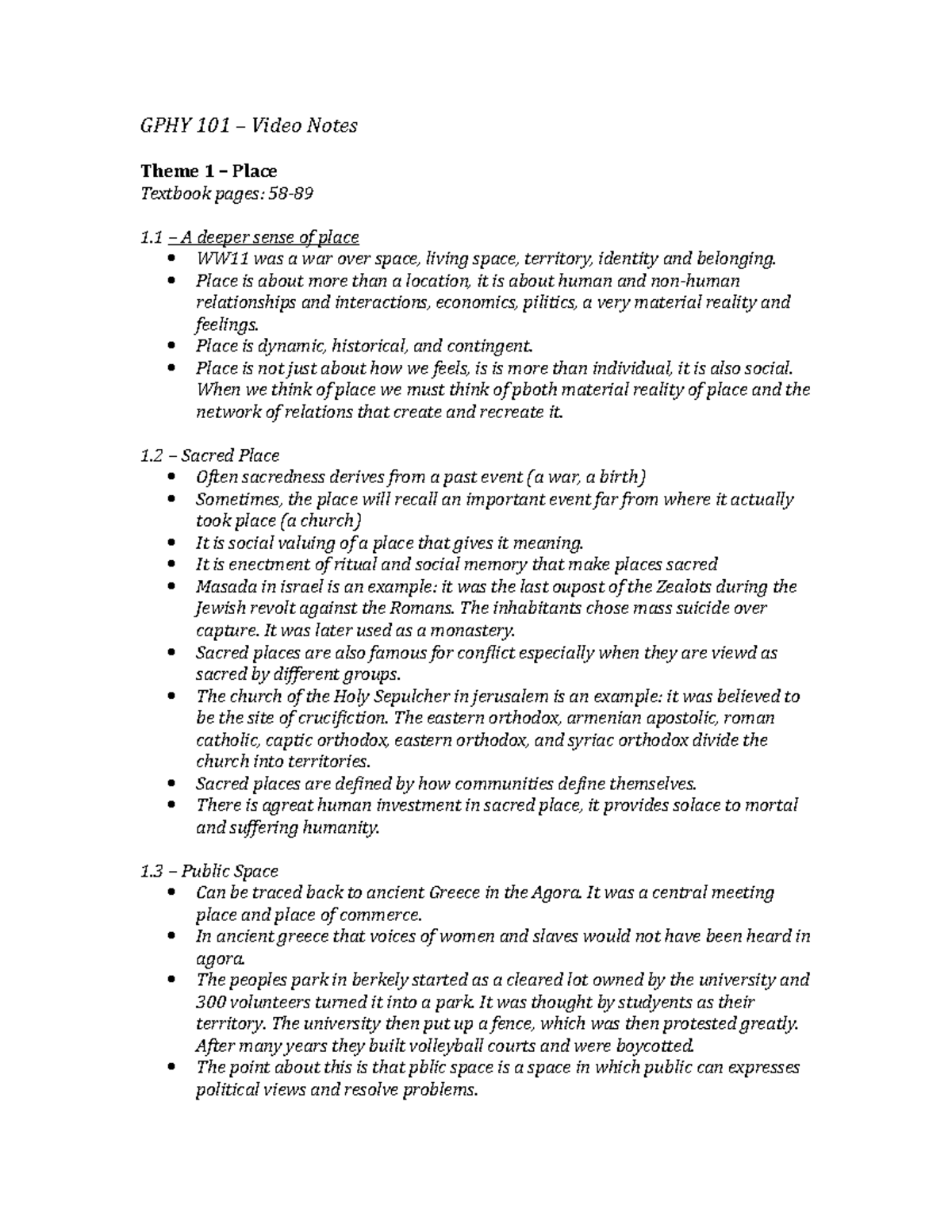 Gphy 101 - Video Notes - GPHY 101 Video Notes Theme 1 Place Textbook ...