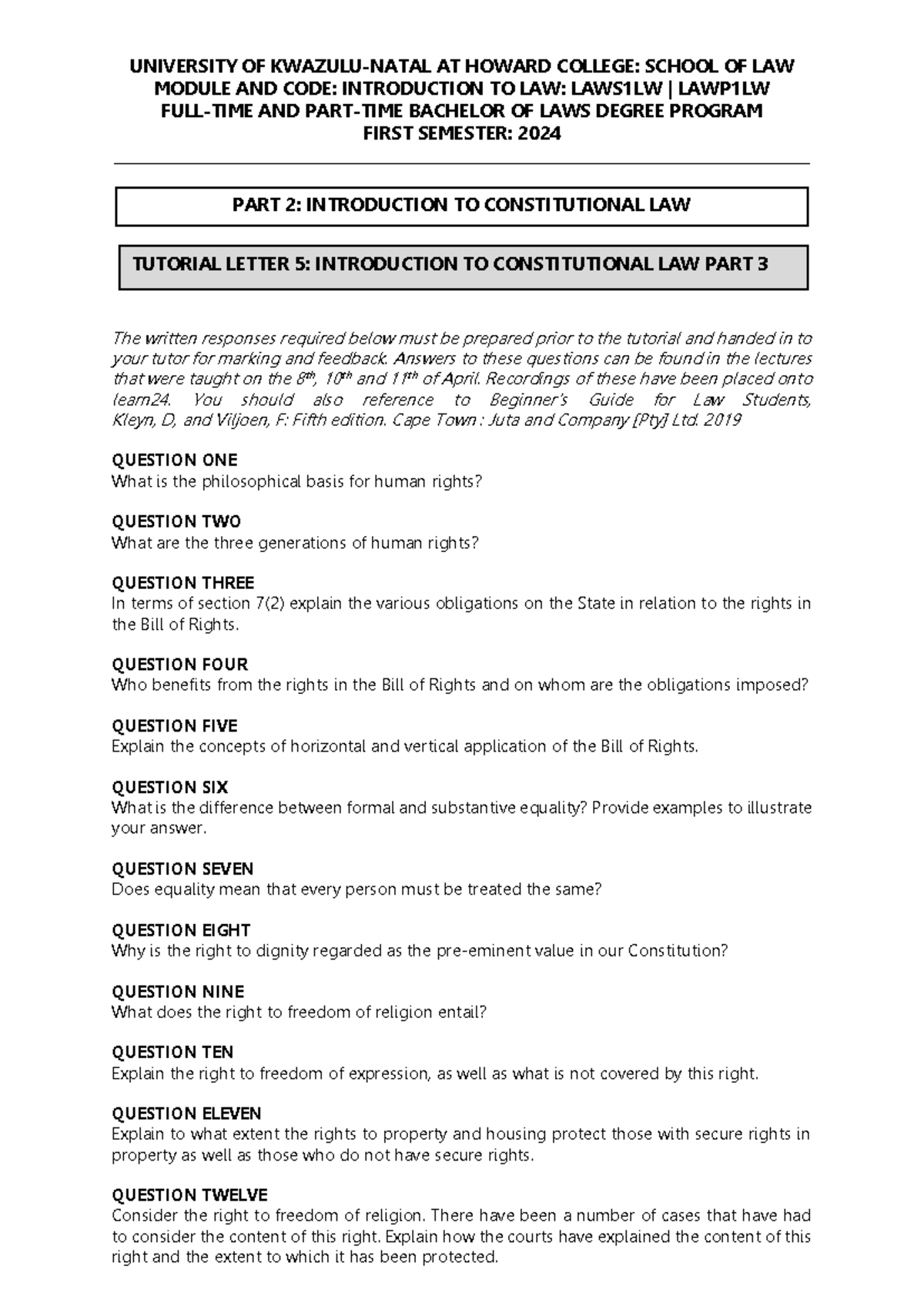 Tutorial Letter 5 Introduction TO Constitutional LAW PART 3 ...