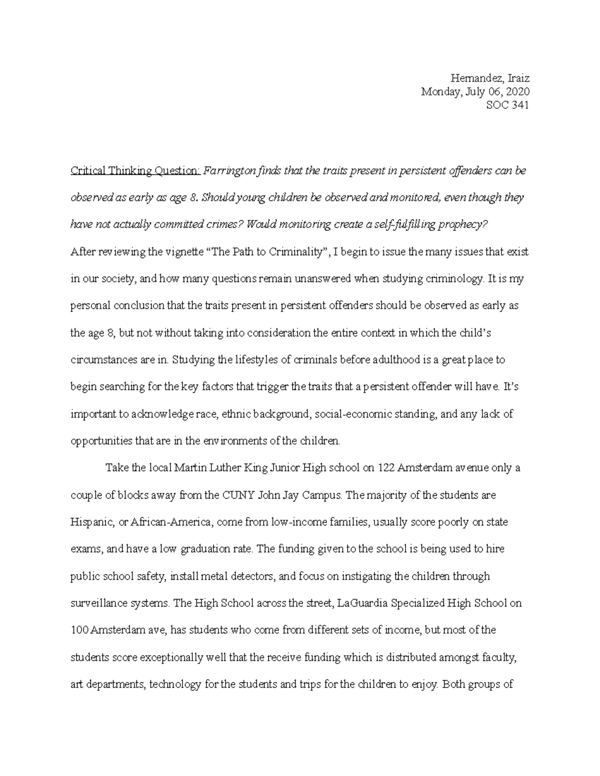 Assignment #4- SOC 341 - Hernandez, Iraiz Monday, July 06, 2020 SOC 341 ...