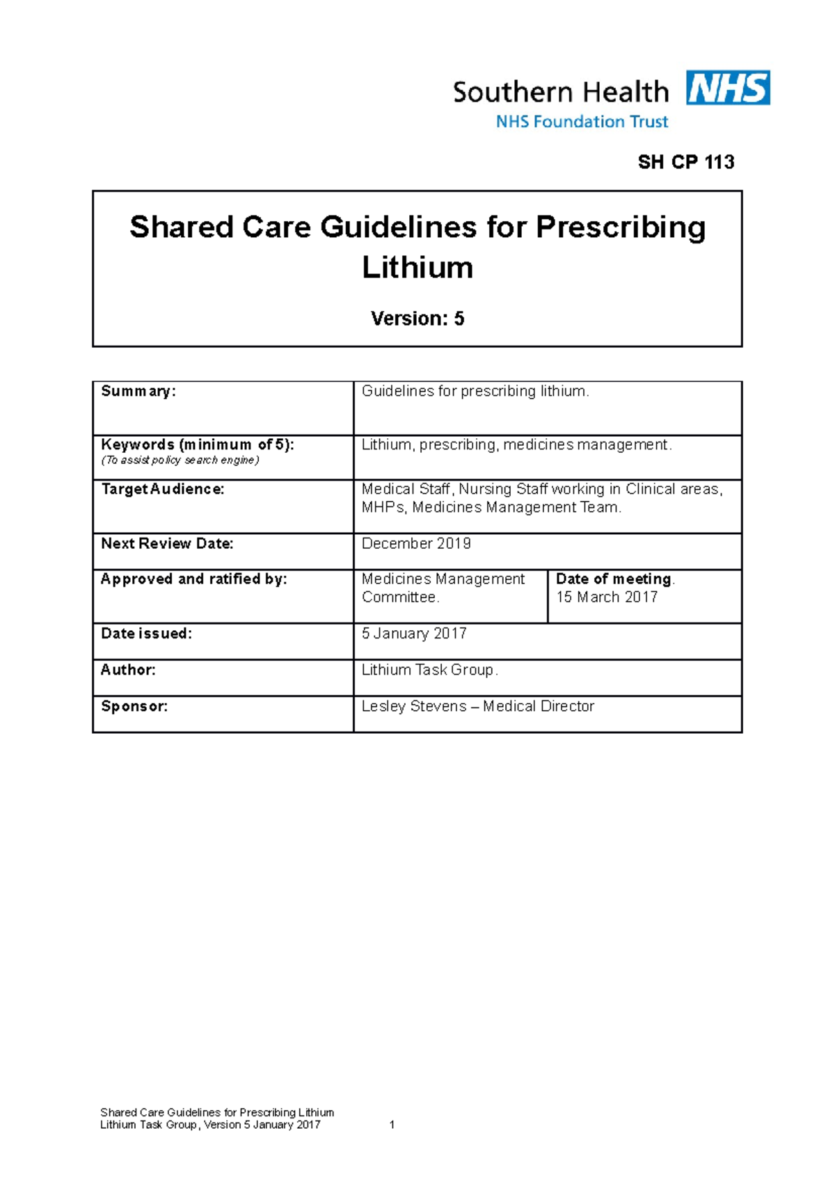 SH CP 113 - Shared Care Lithium V5 June 2017 JW - SH CP 113 Shared Care ...