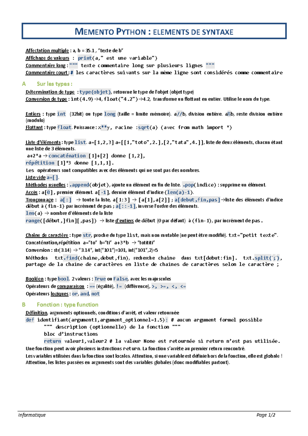 Fiche Bilan - Informatique Page 1 / 2 MEMENTO PYTHON : ELEMENTS DE SYNTAXE Affectation multiple ...
