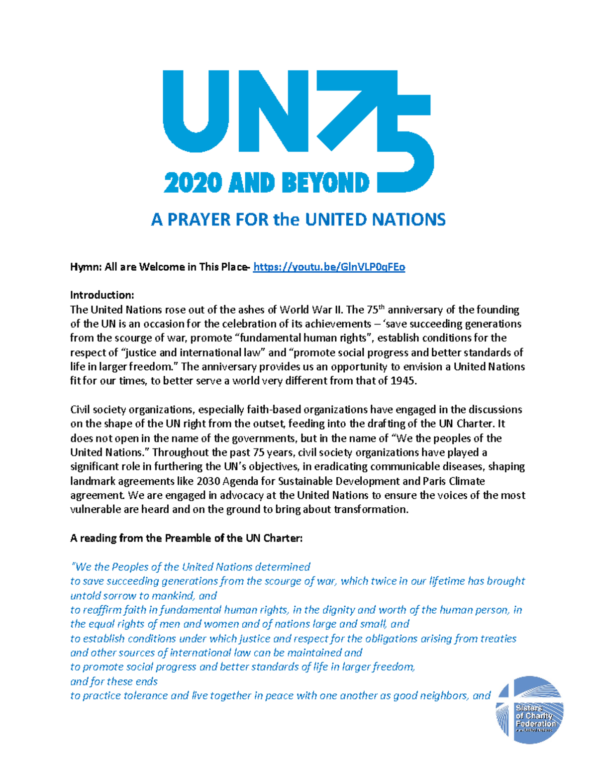 A- Prayer-FOR-UN75 rev - A PRAYER FOR the UNITED NATIONS Hymn: All are ...