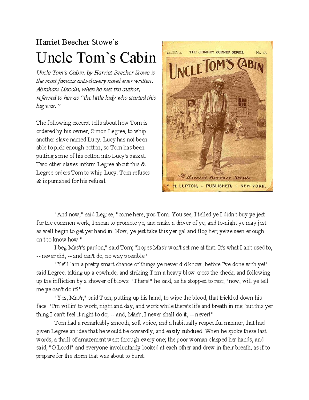 Uncle Toms Cabin - cqscqs - Harriet Beecher Stowe’s Uncle Tom’s Cabin ...