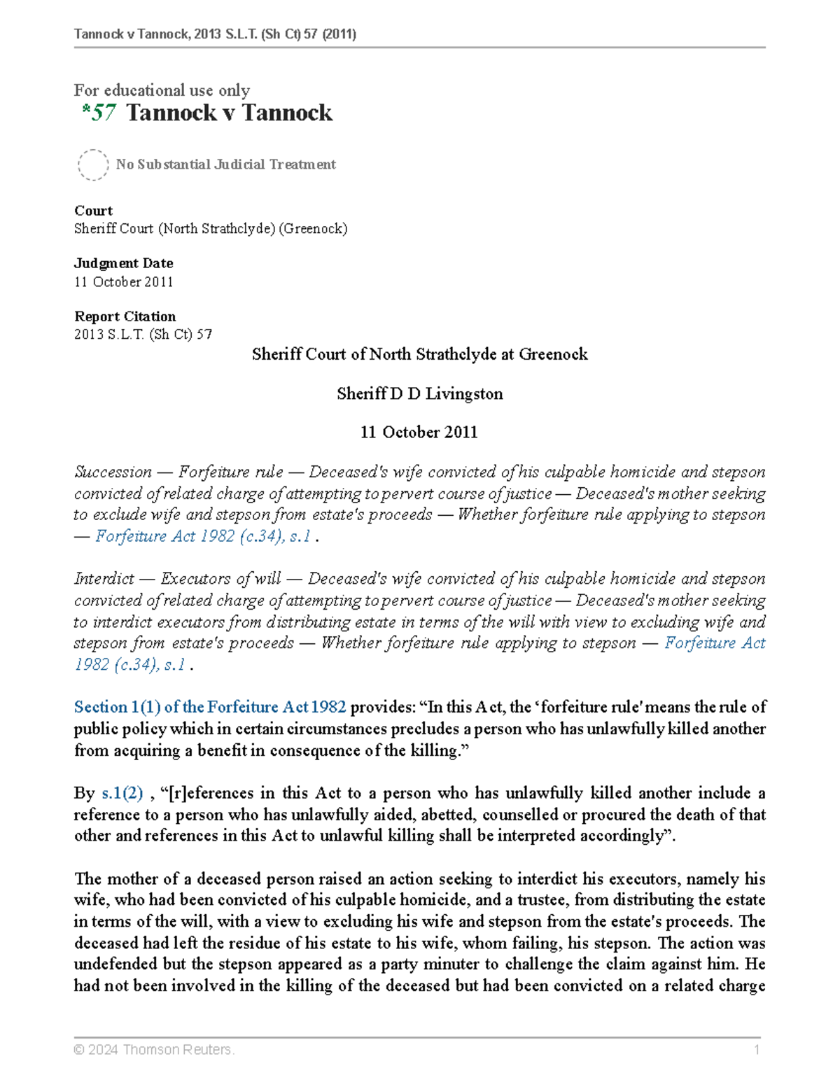 Tannock v Tannock - L. (Sh Ct) 57 Sheriff Court of North Strathclyde at ...