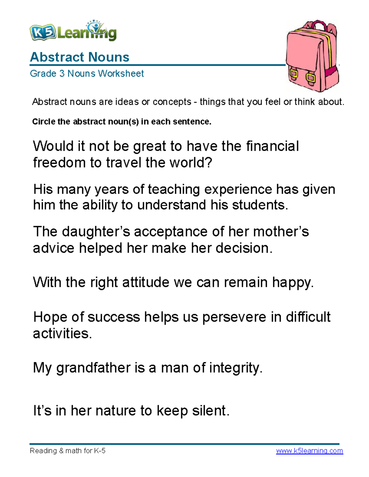 3rd Grade Circle Abstract Noun 2 Abstract Nouns Grade 3 Nouns