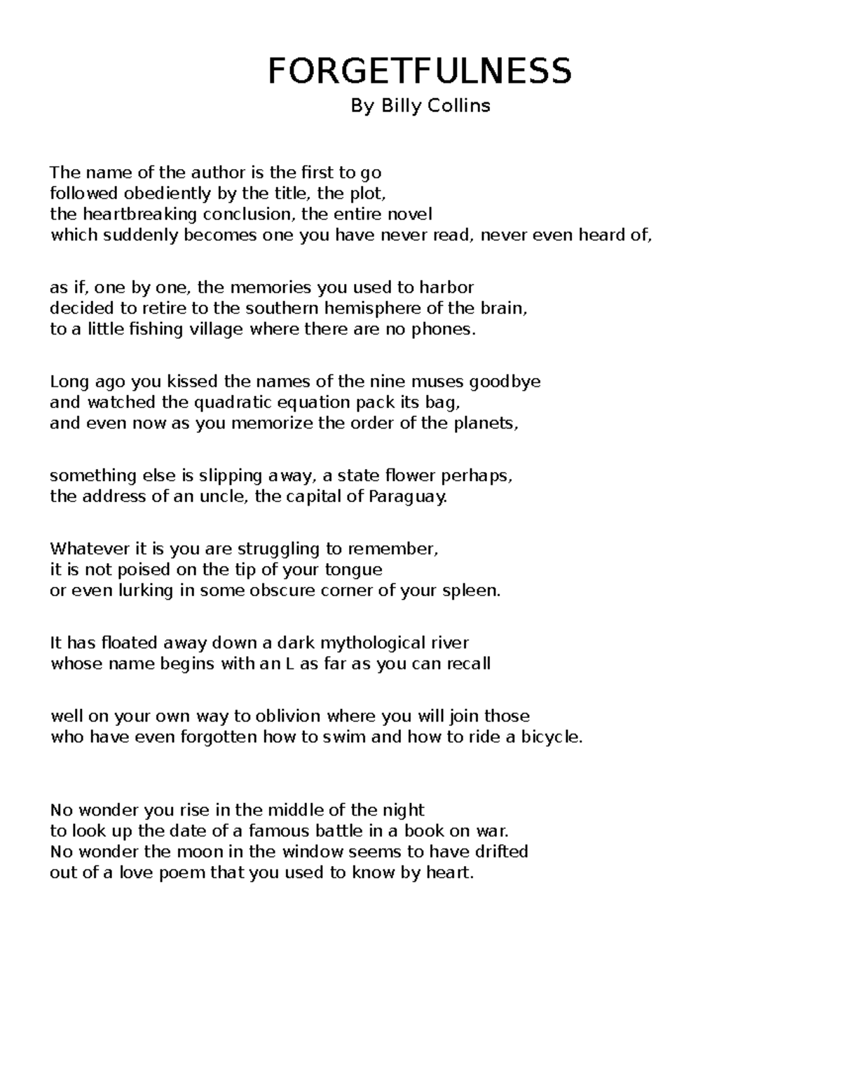 Act-2.-Forgetfulness - FORGETFULNESS By Billy Collins The name of the ...