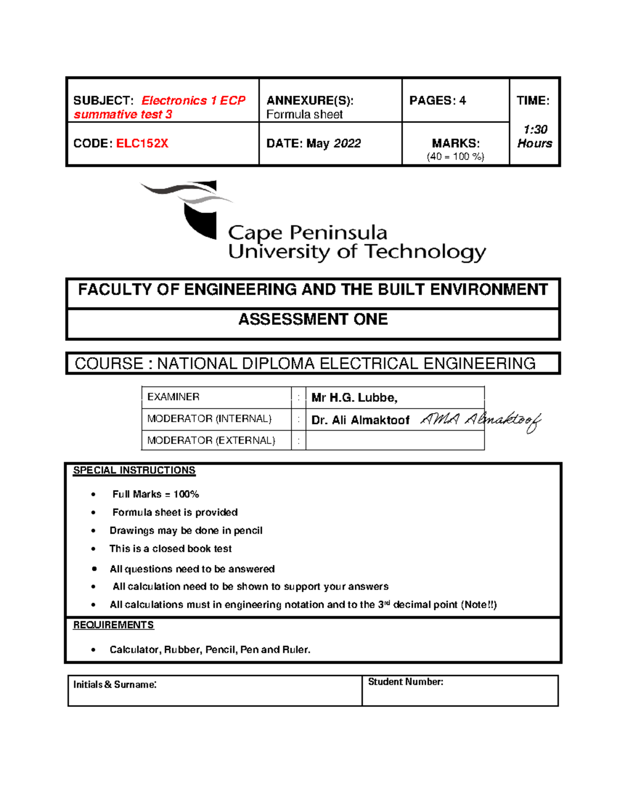 2022 Electronics 1 ECP test 3 paper V002 - SUBJECT: Electronics 1 ECP ...