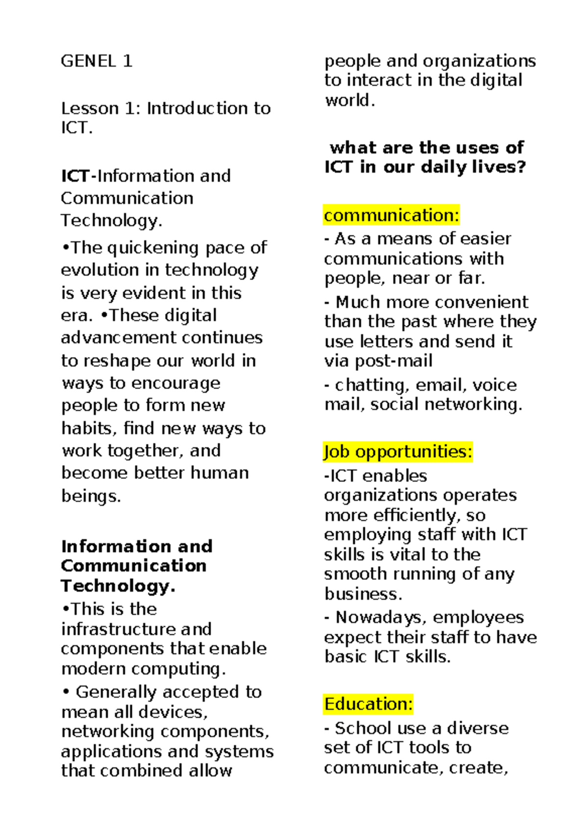 Genel 1 - CCCSFGREGEH - GENEL 1 Lesson 1: Introduction to ICT. ICT ...