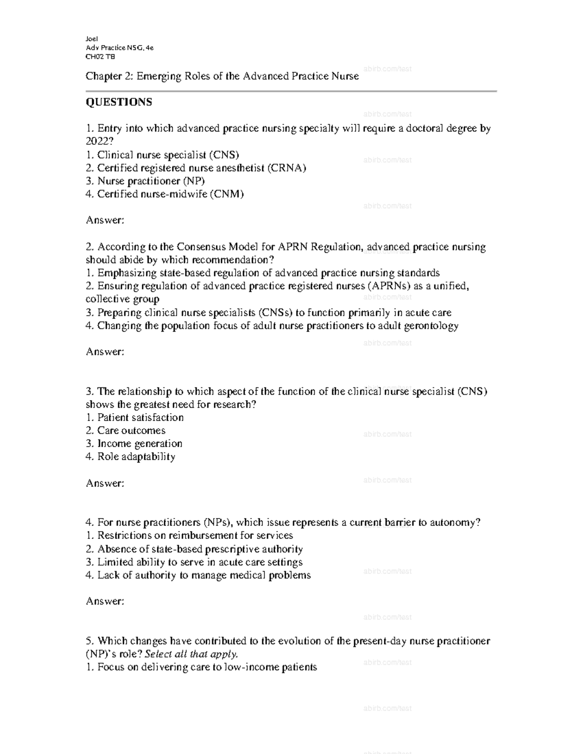 Ch02 - quiz 1 - Adv Practice NSG, 4e CH02 TB Chapter 2: Emerging Roles ...