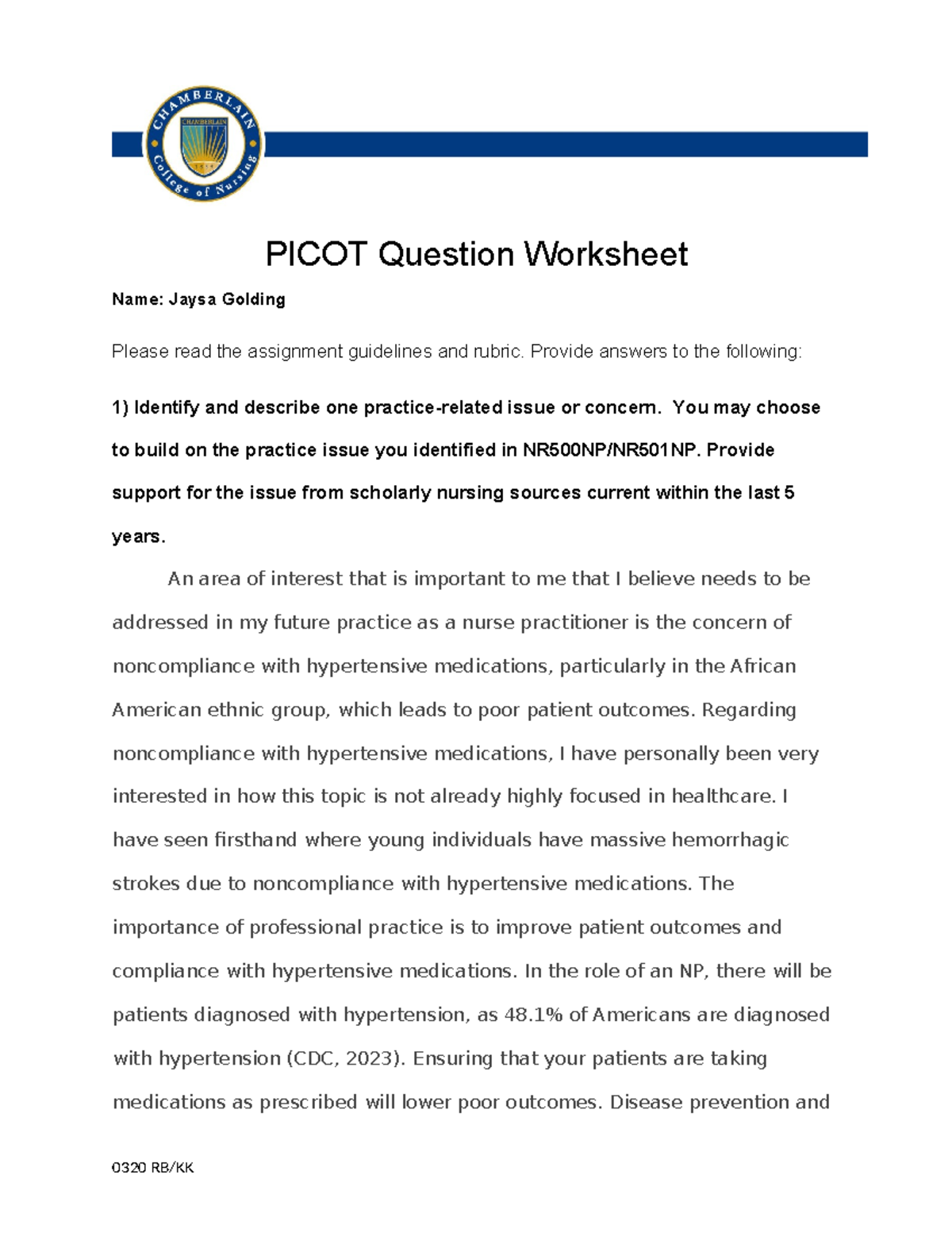 Picot question work sheet Jaysa Golding - PICOT Question Worksheet Name ...