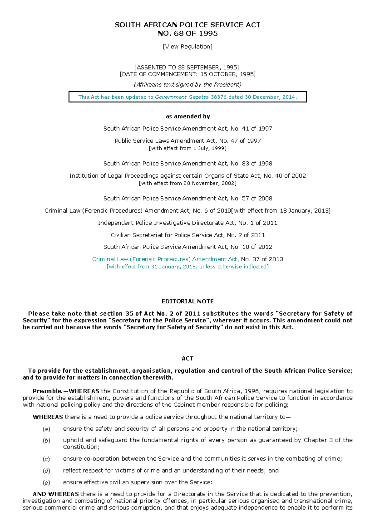South African Police Service Act, No. 68 of 1995 - SOUTH AFRICAN POLICE ...