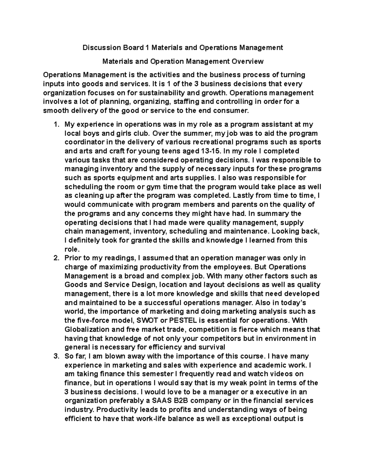 Materials and Operations Management Overview - Discussion Board 1 ...