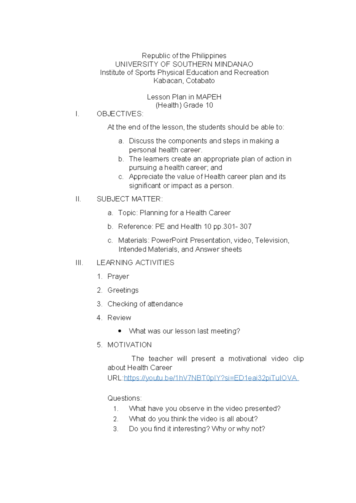 4As LP - lesson plan - Republic of the Philippines UNIVERSITY OF ...