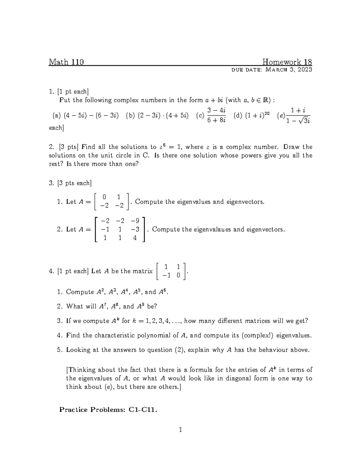 Math110 HW18 - ...... - Math 110 Homework 18 due date: March 3, 2023 [1 ...