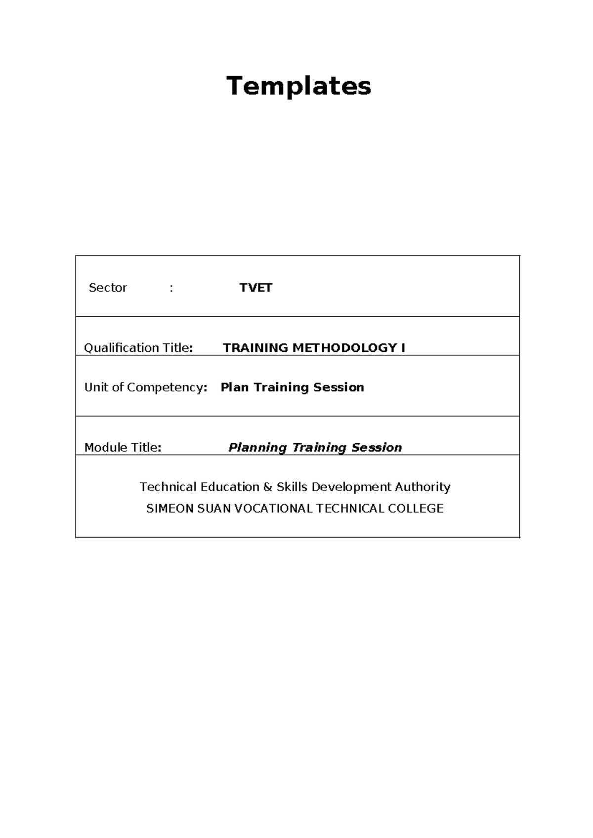 PLAN Training Session Jezreel Marquinez - Templates Sector : TVET ...