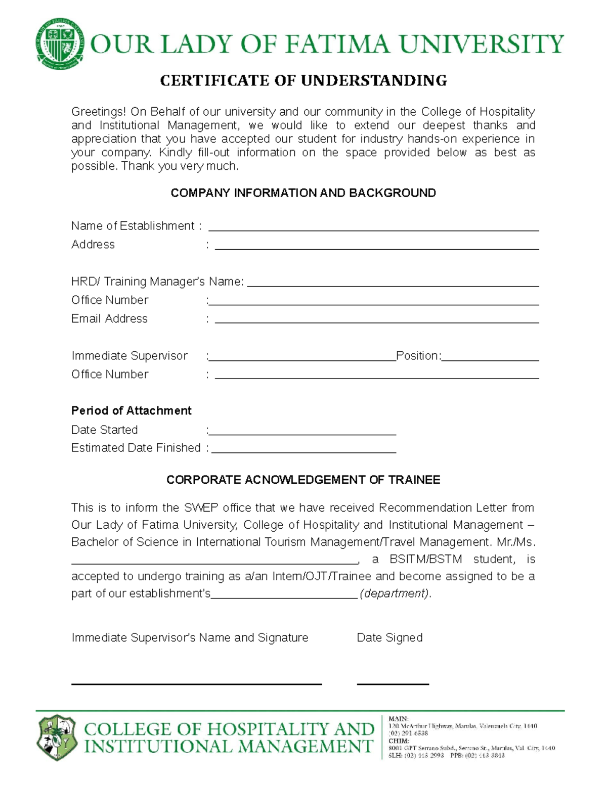 Certificate-of-Understanding - CERTIFICATE OF UNDERSTANDING Greetings! On Behalf of our ...