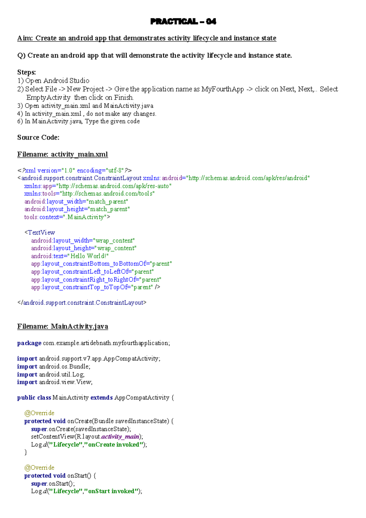 Android Prac 4 - its a andriod practical ok - PRACTICAL – 04 Aim: Create an android app that ...