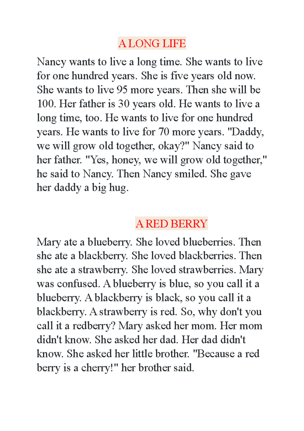 Reading activity -Short stories 18th august - A LONG LIFE Nancy wants ...