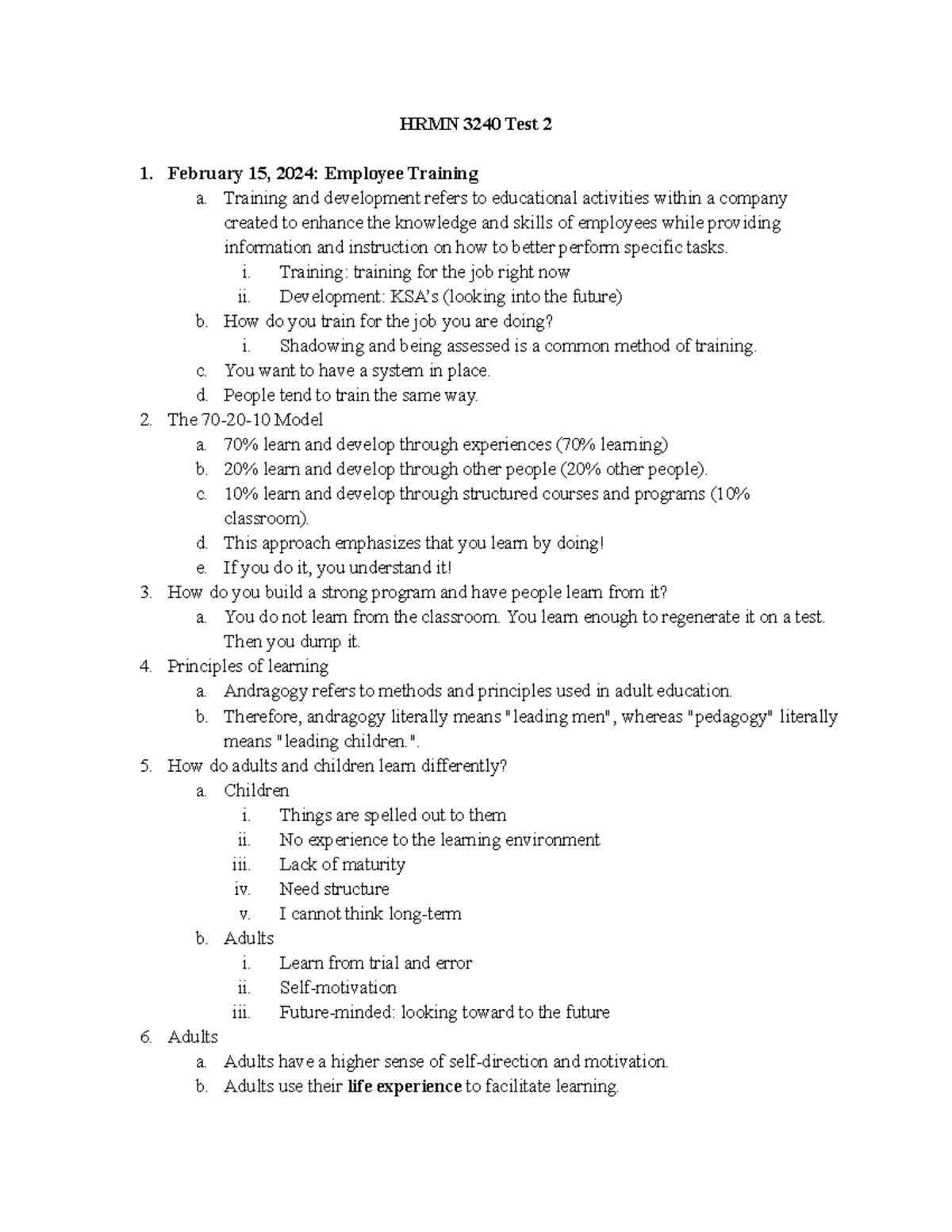 HRMN 3240 Test 2 - Lecture Notes - HRMN 3240 Test 2 February 15, 2024 ...