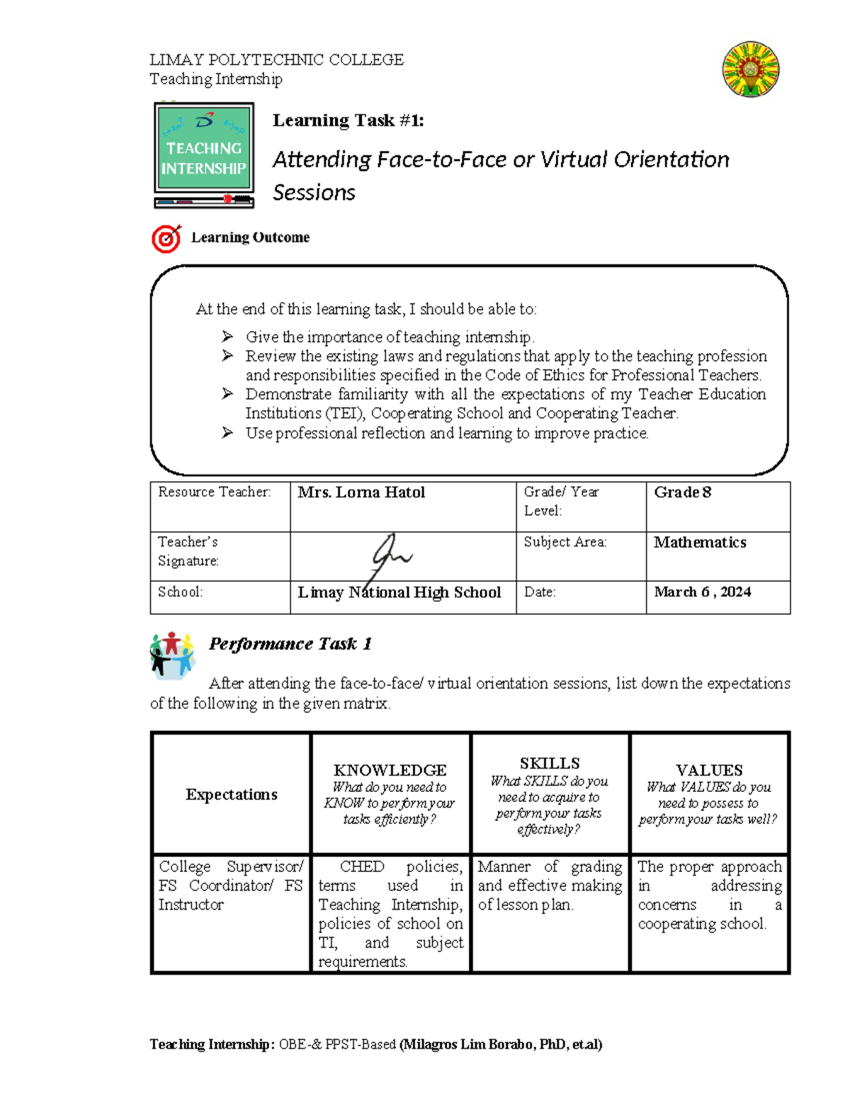 Learning Task 1 Content Knowledge and Pedagogy - Teaching Internship ...