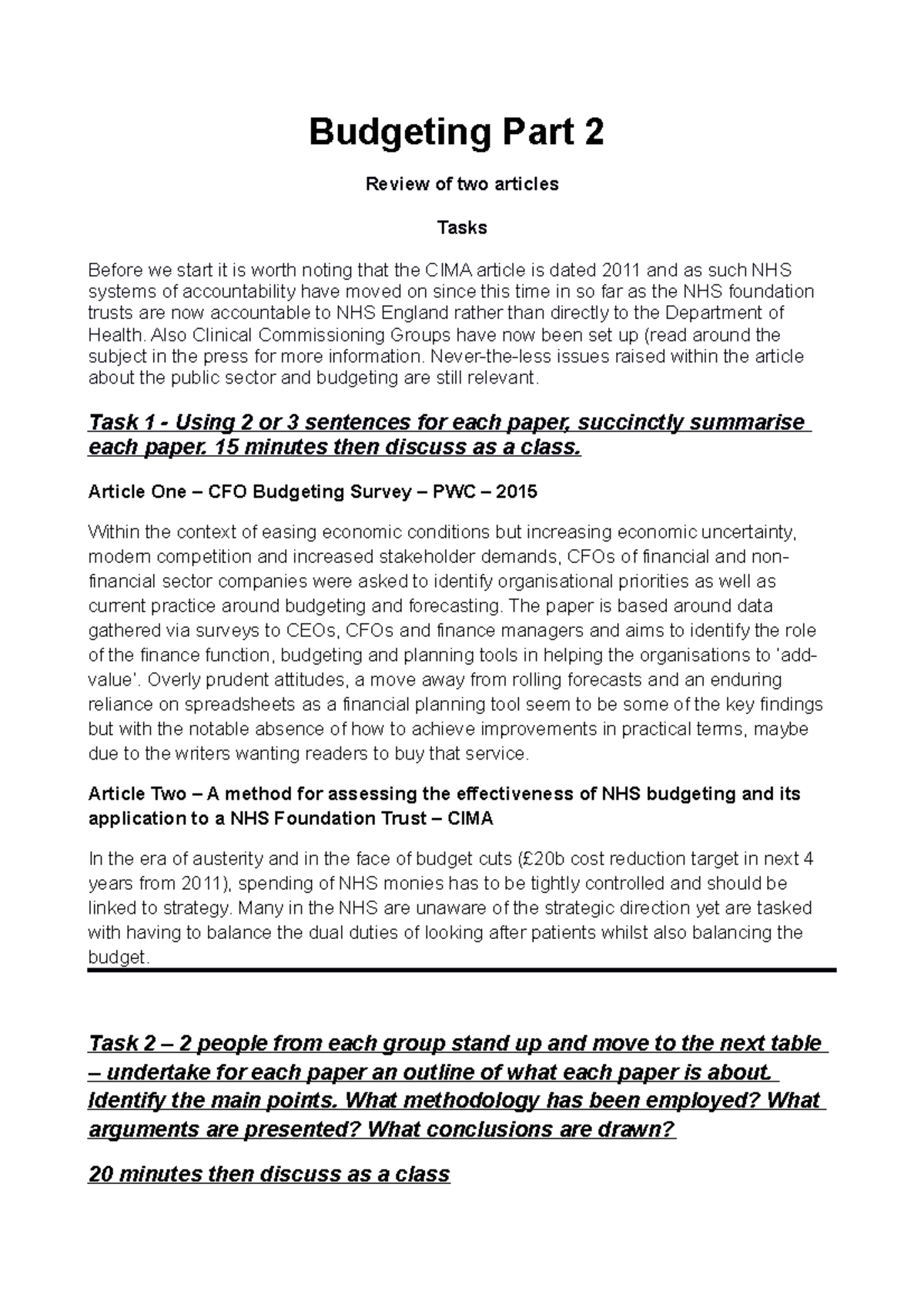 Budgeting Part 2 - Review of 2 articles - suggestions for answers ...