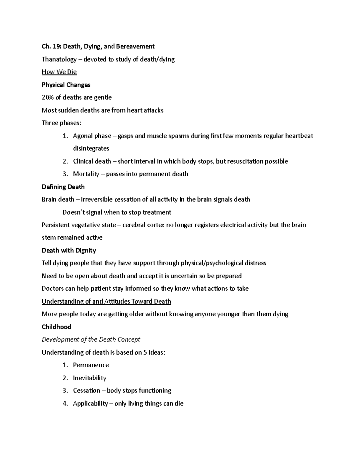 Ch 19 - lecture 19 notes - Ch. 19: Death, Dying, and Bereavement ...