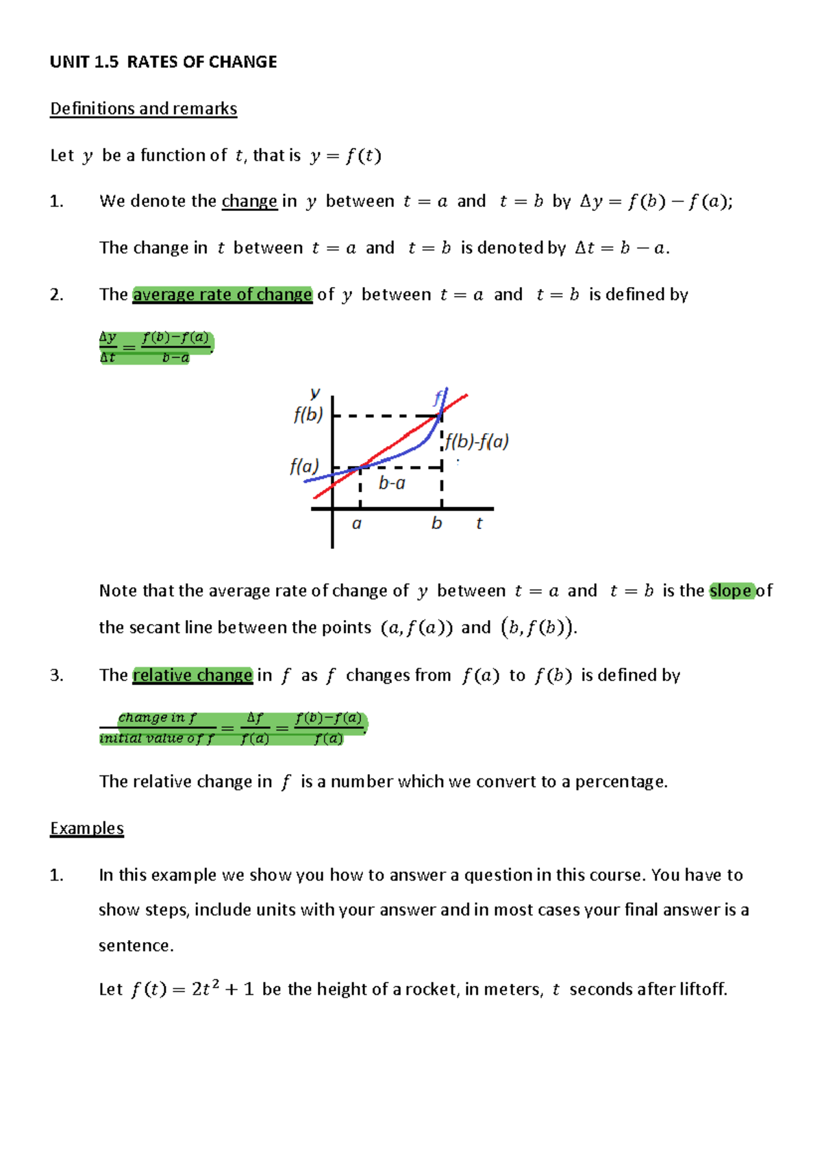 UNIT 1 - UNIT 1 RATES OF CHANGE Definitions and remarks Let 𝑦 be a ...