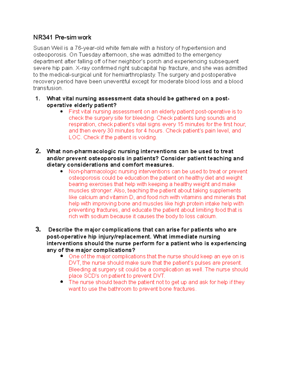 NR341 Pre Sim - Pre Sim Questions - NR341 Pre-sim work Susan Weil is a ...