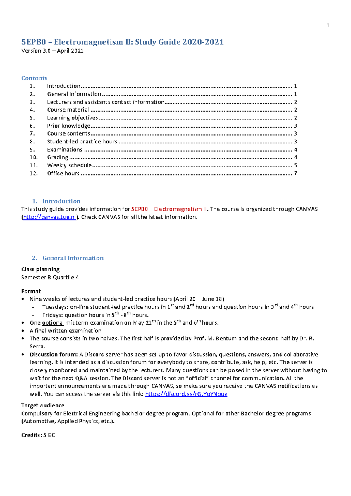 5EPB0 EMII study guide 2020/2021 - 5EPB0 – Electromagnetism II: Study ...