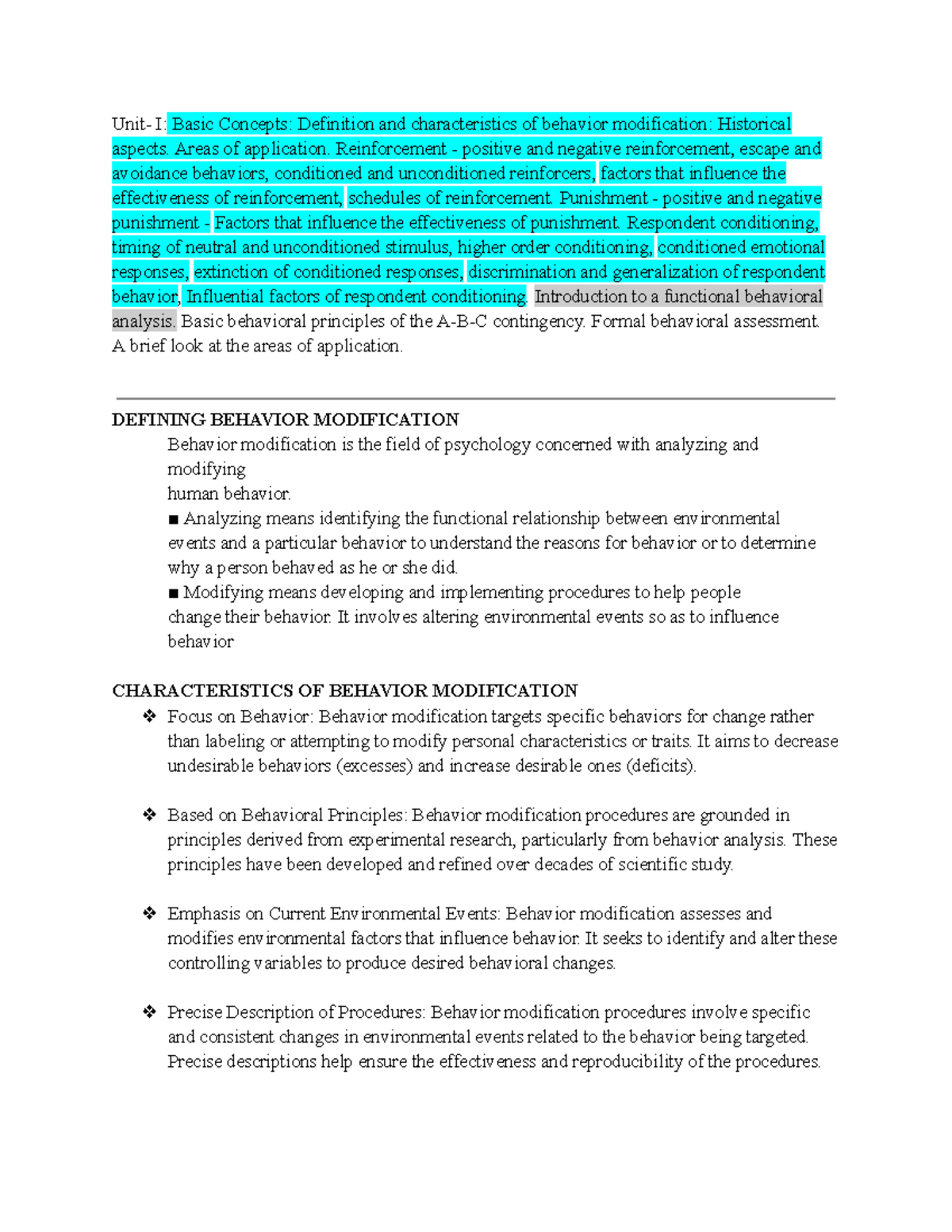 Unit 1 behaviour modification - Unit- I: Basic Concepts: Definition and ...