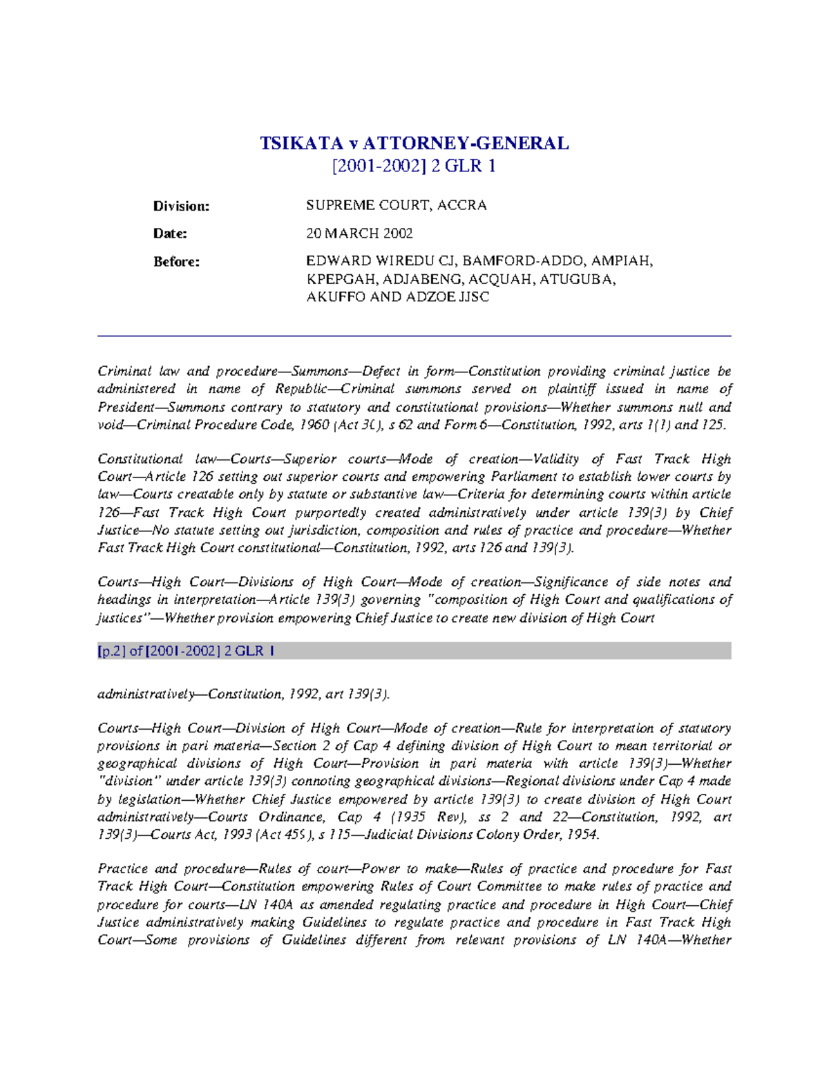 Tsikata v Attorney- General - TSIKATA v ATTORNEY-GENERAL [2001-2002] 2 ...