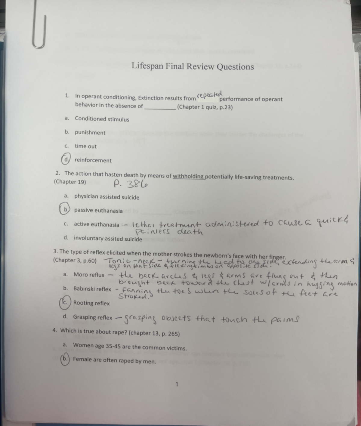 Final review life span - Practice questions from chapter 1-19 - PSY201 ...