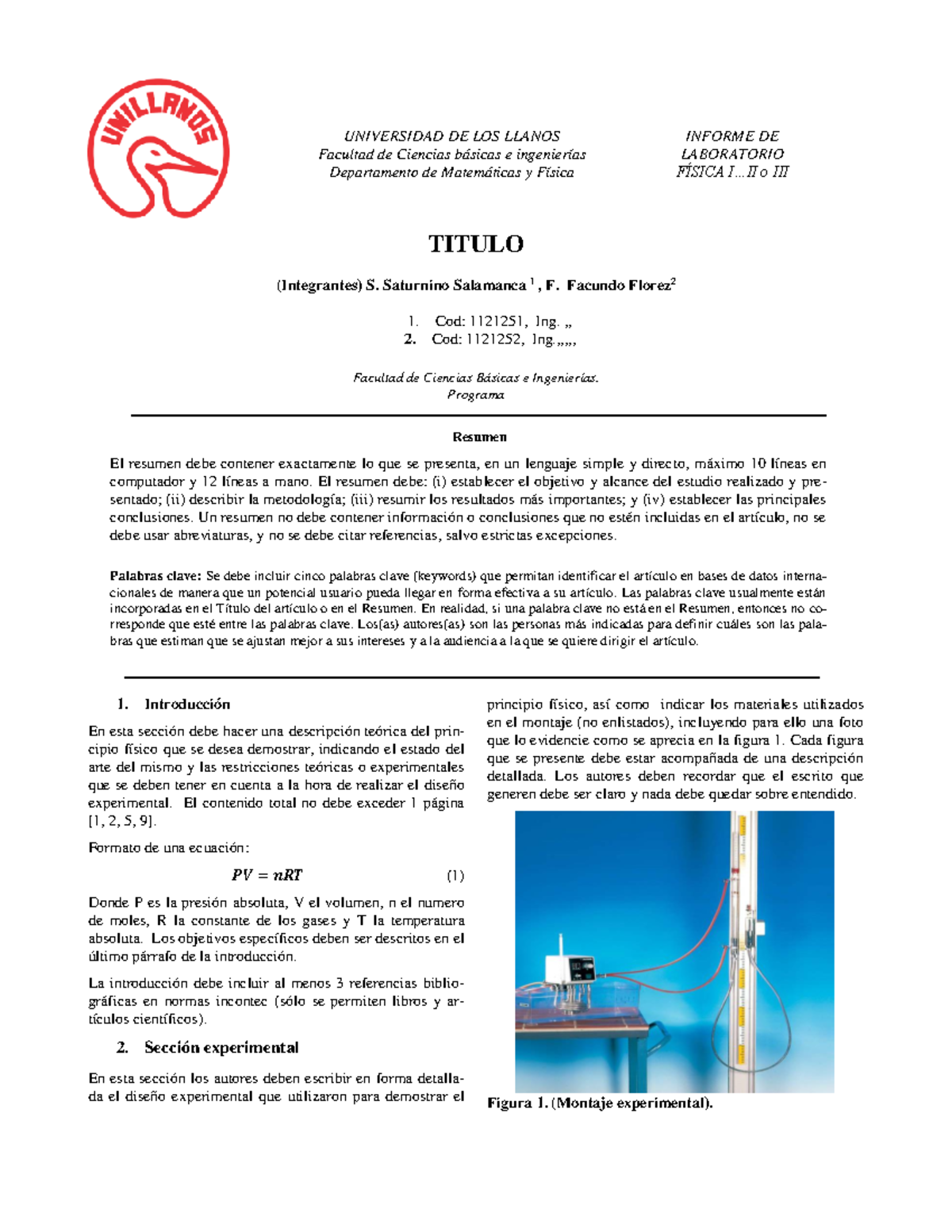 Formato DE Informe - sssss - UNIVERSIDAD DE LOS LLANOS Facultad de Ciencias básicas e ...