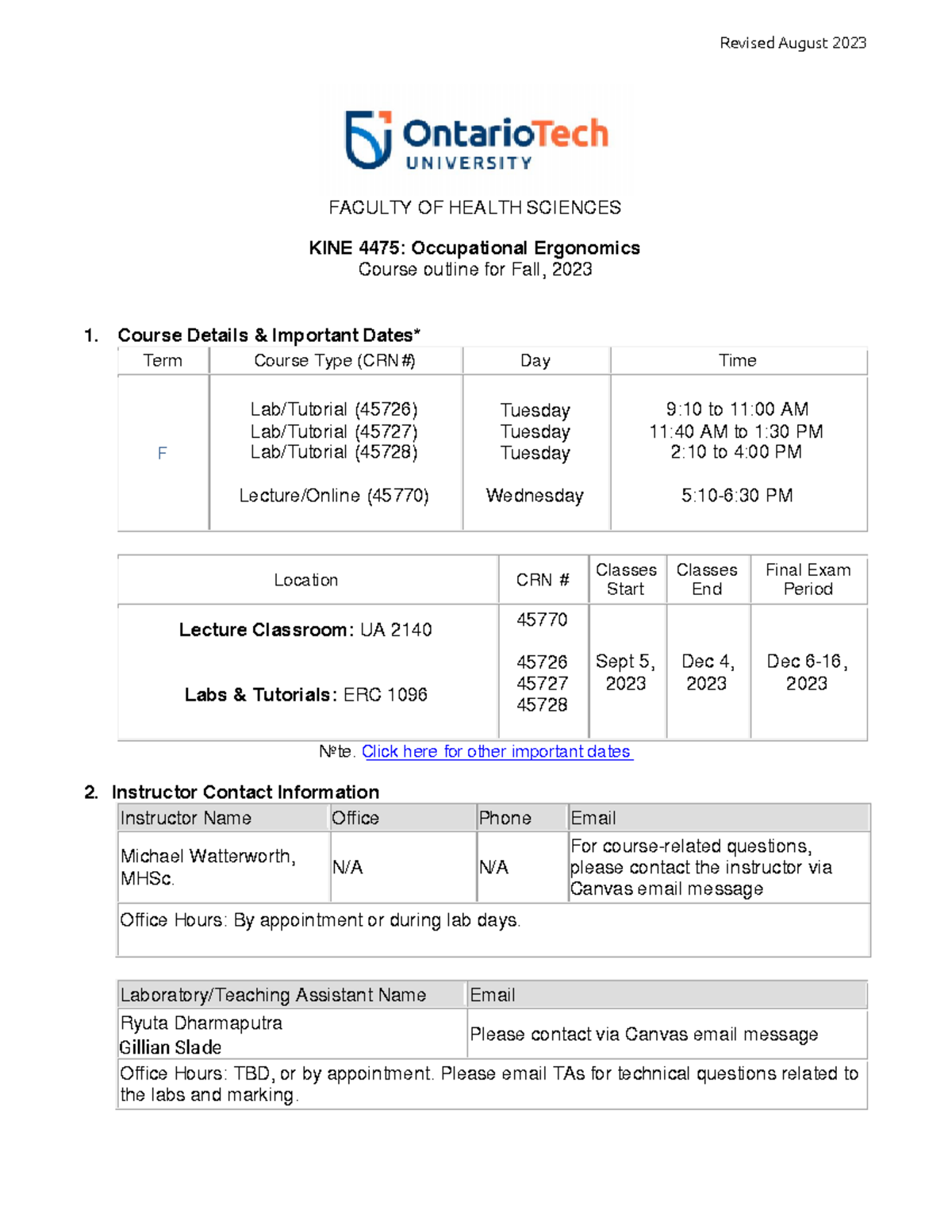 KINE 4475U - Occupational Ergonomics - Course Outline - Fall 2023 ...