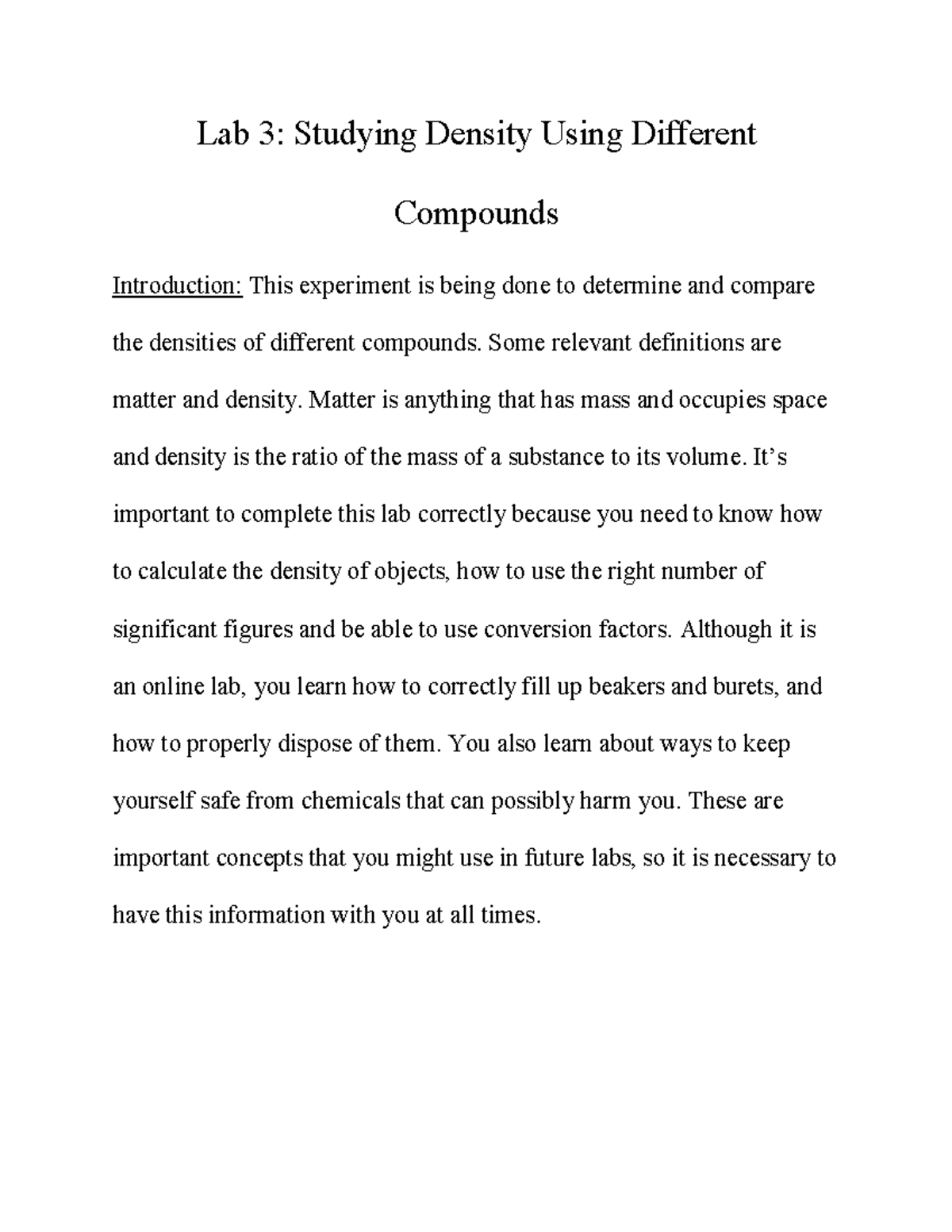 Lab 3 Density - chem - Lab 3: Studying Density Using Different ...