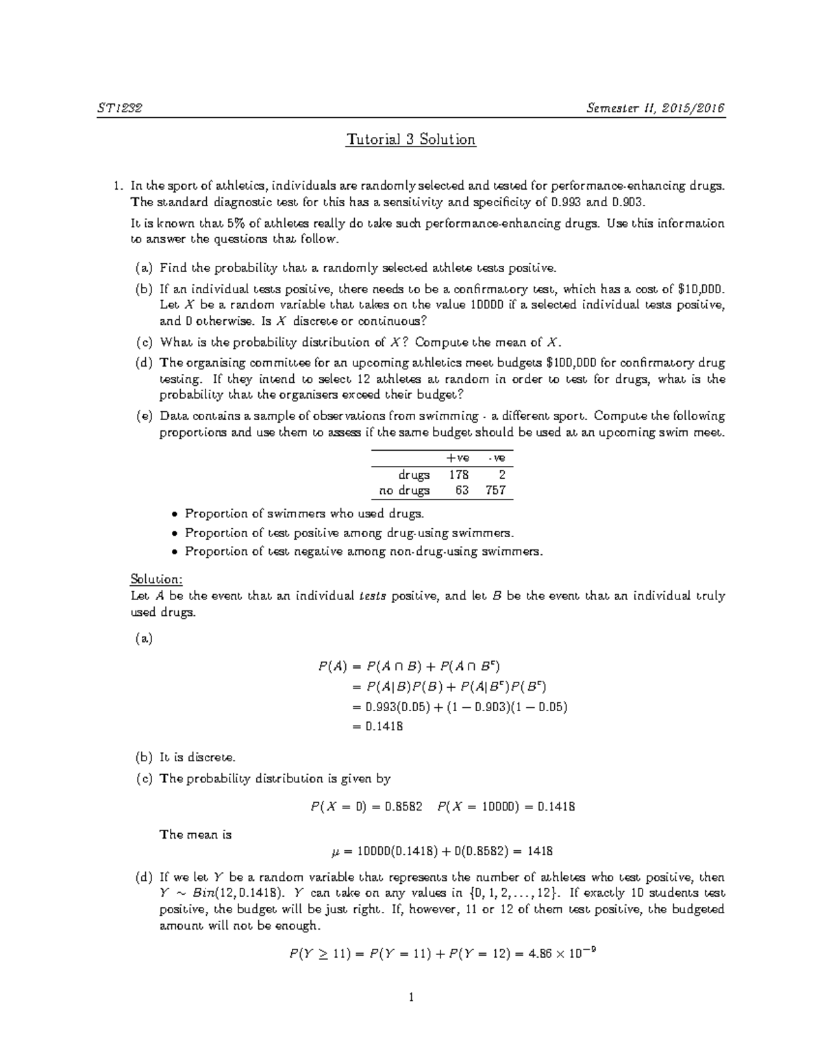 Tutorial 03 soln - ST1232 Semester II, 2015/2016 Tutorial 3 Solution 1. In the sport of ...