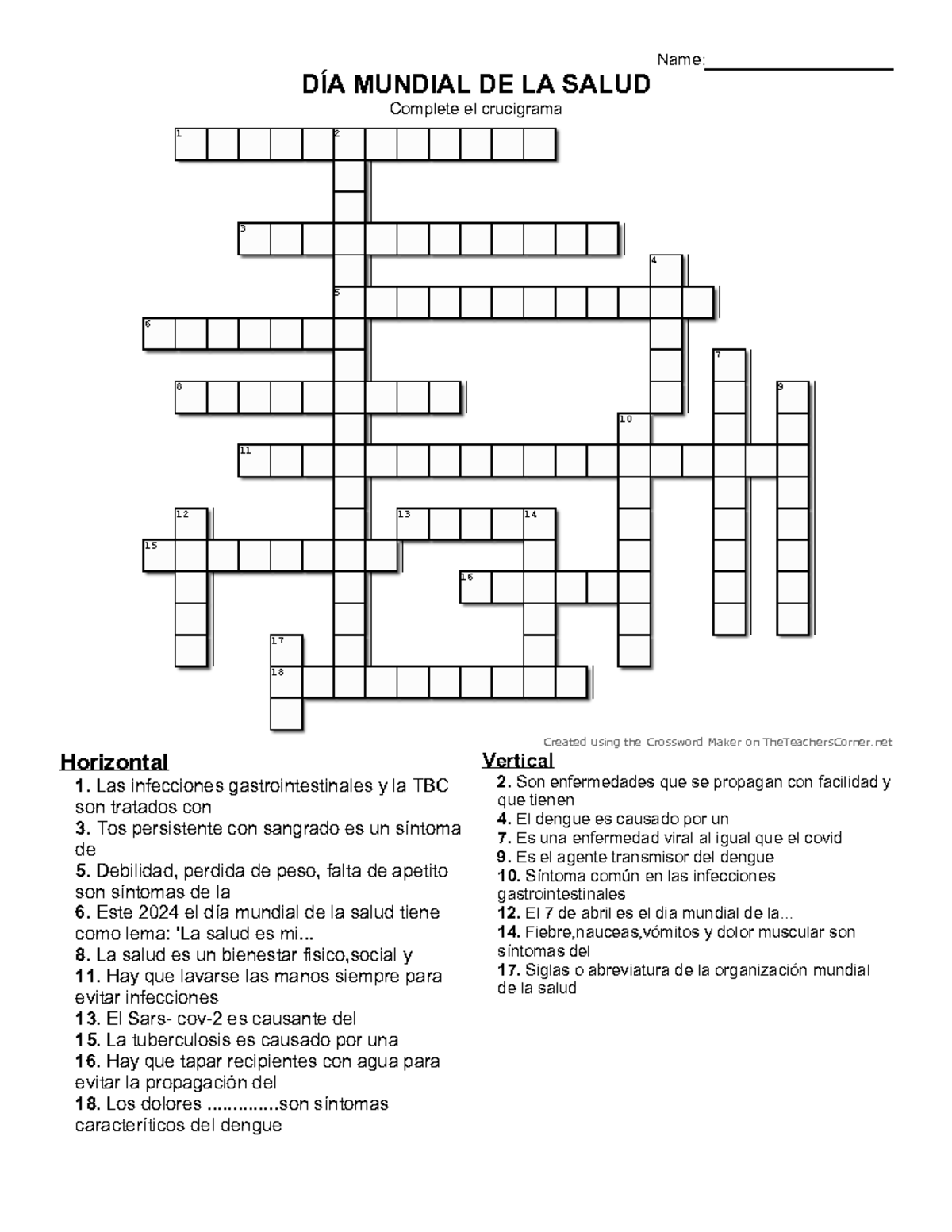 Crucigrama - DÍA MUNDIAL DE LA SALUD Complete el crucigrama Name: 1 2 3 ...
