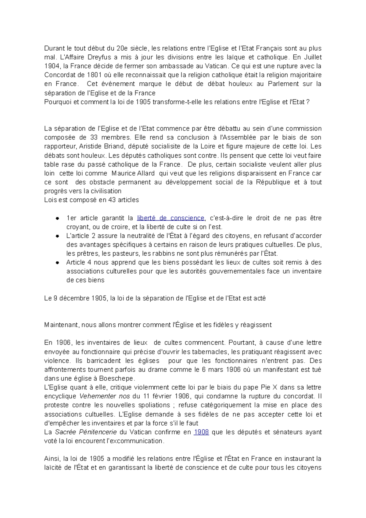 Loi de 1905 - oral sur la loi de 1905 - Durant le tout début du 20e siècle, les relations entre ...