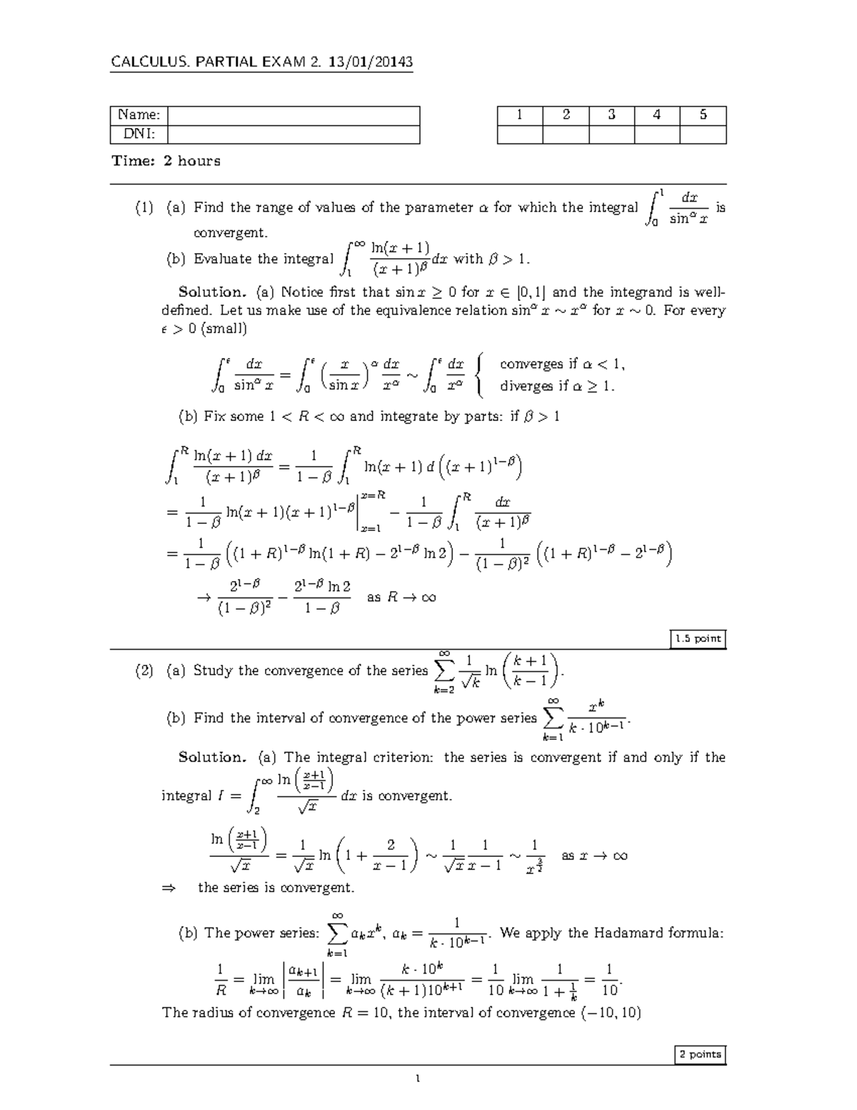 Partial exam 2 2014 solutions - CALCULUS. PARTIAL EXAM 2. 13/01/ Name ...