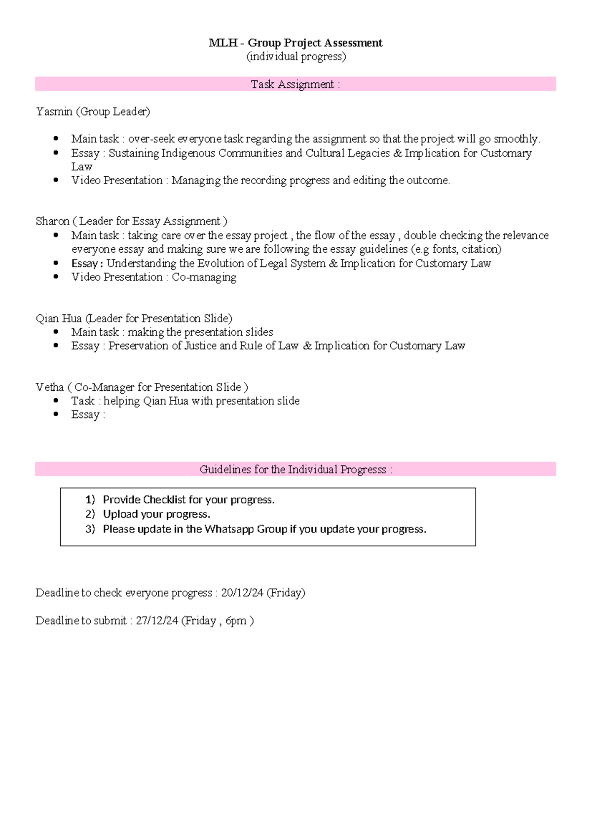 MLH-Group Work Assessment - MLH - Group Project Assessment (individual ...