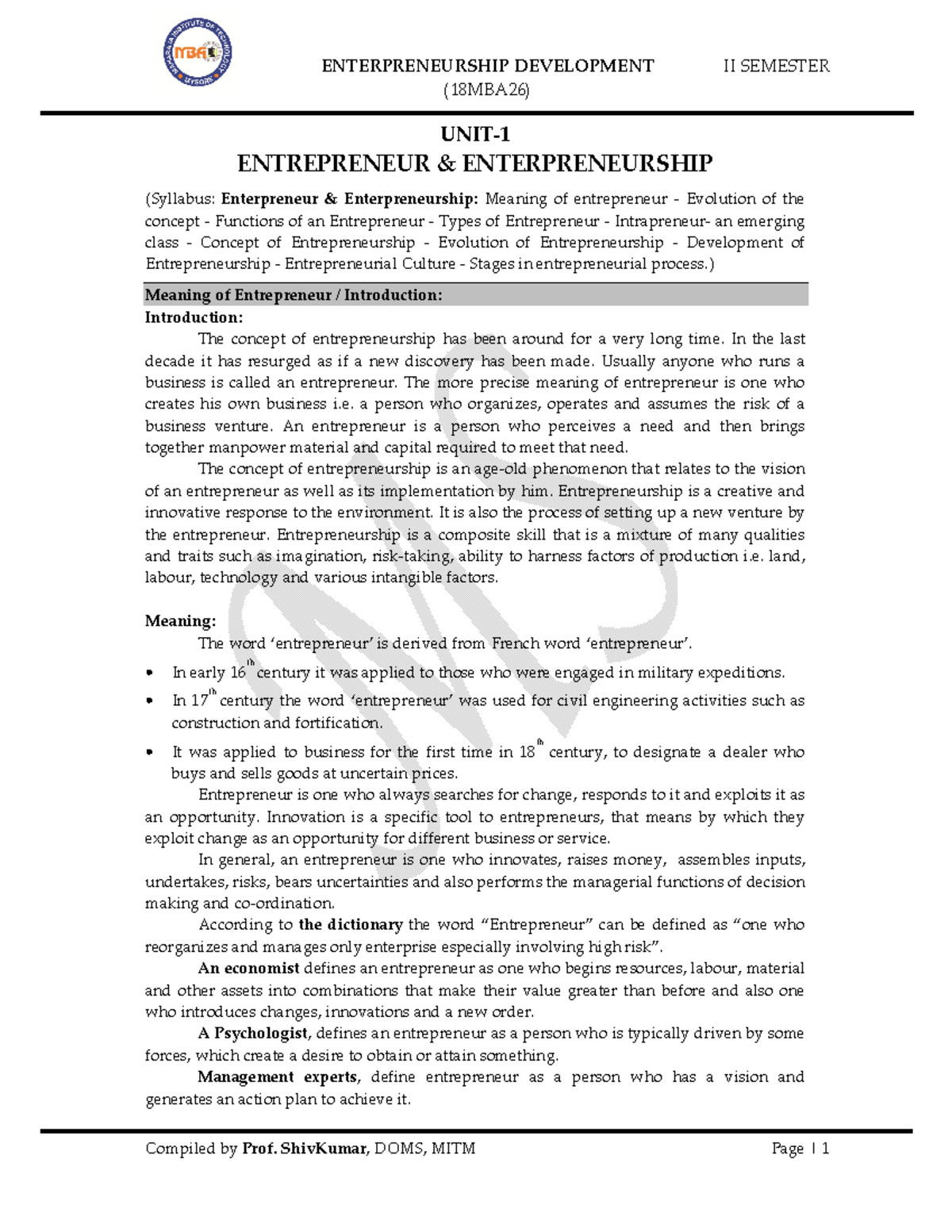 Unit 1 Entrepreneur & Entrepreneurship - (18MBA26) UNIT- ENTREPRENEUR ...