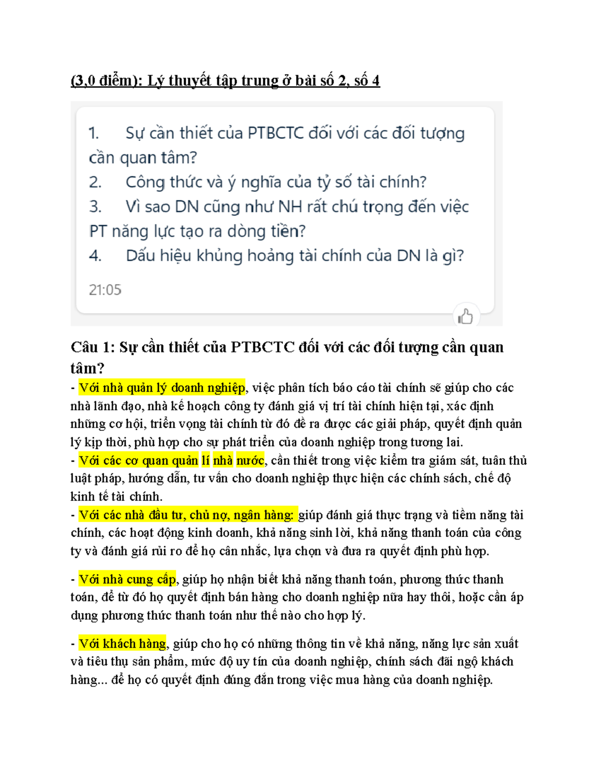 Ptbctc - (3,0 điểm): Lý thuyết tập trung ở bài số 2, số 4 Câu 1: Sự cần thiết của PTBCTC đối với ...