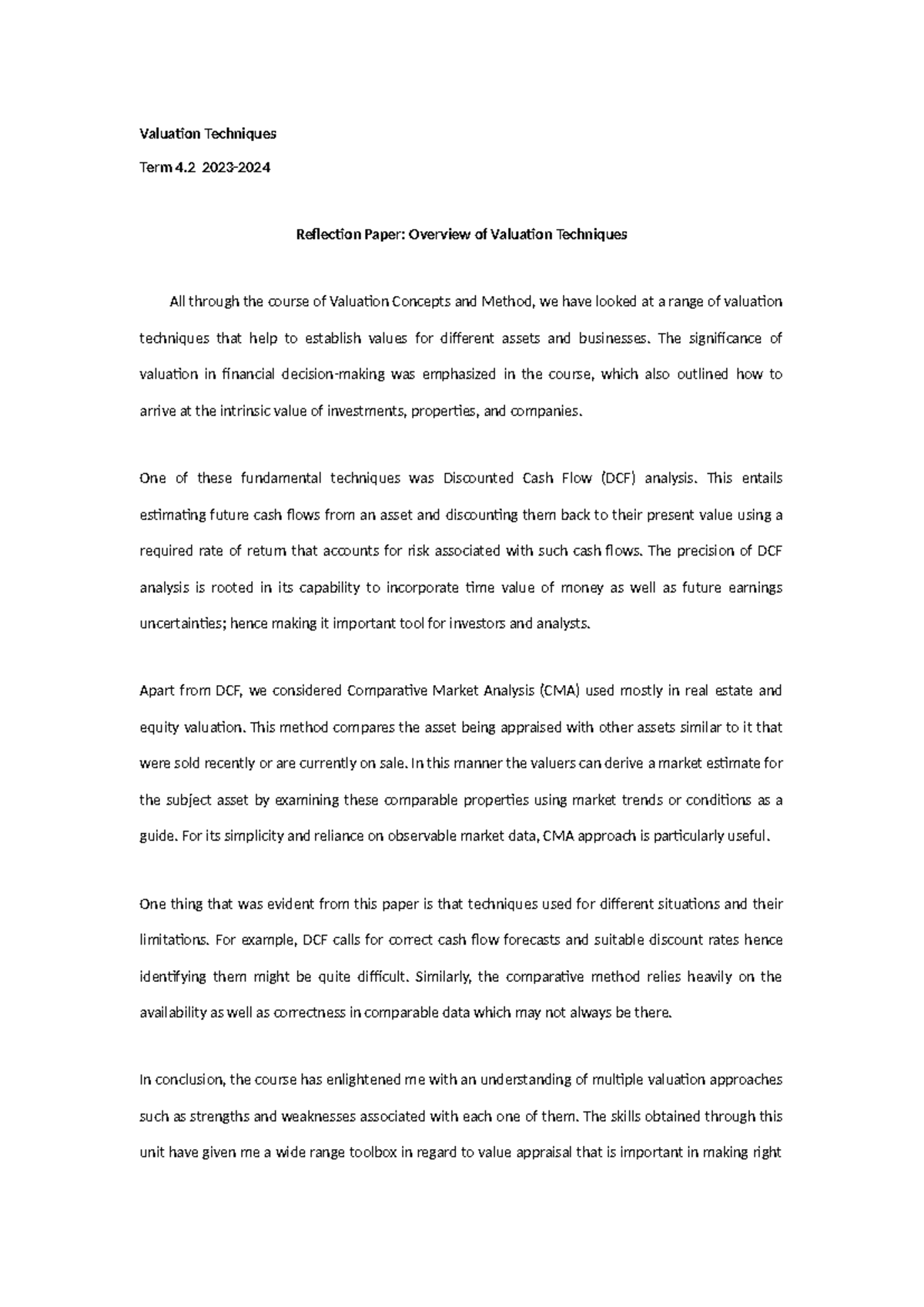 Valuation Techniques - Essay - Valuation Techniques Term 4 2023 ...