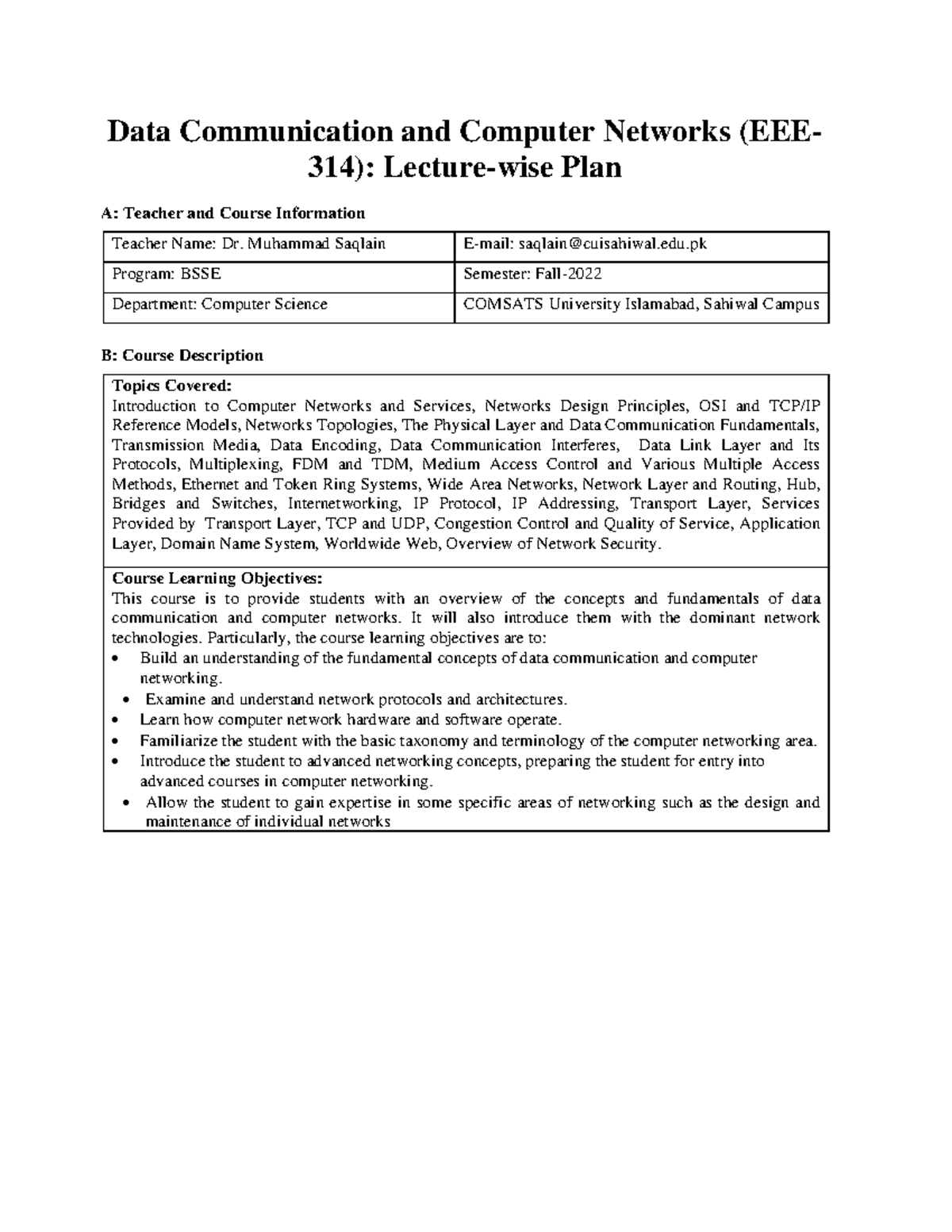Course Outline - Data Communication and Computer Networks (EEE- 314 ...