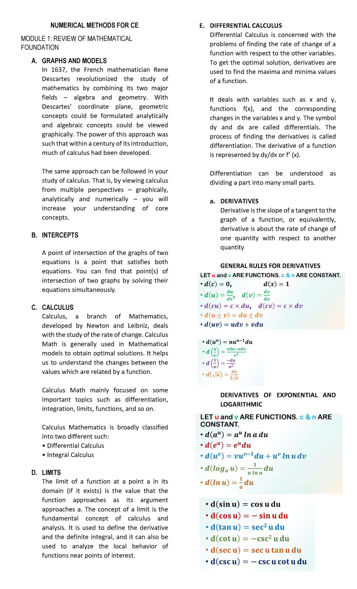 Numerical Methods - NUMERICAL METHODS FOR CE MODULE 1: REVIEW OF MATHEMATICAL FOUNDATION A ...